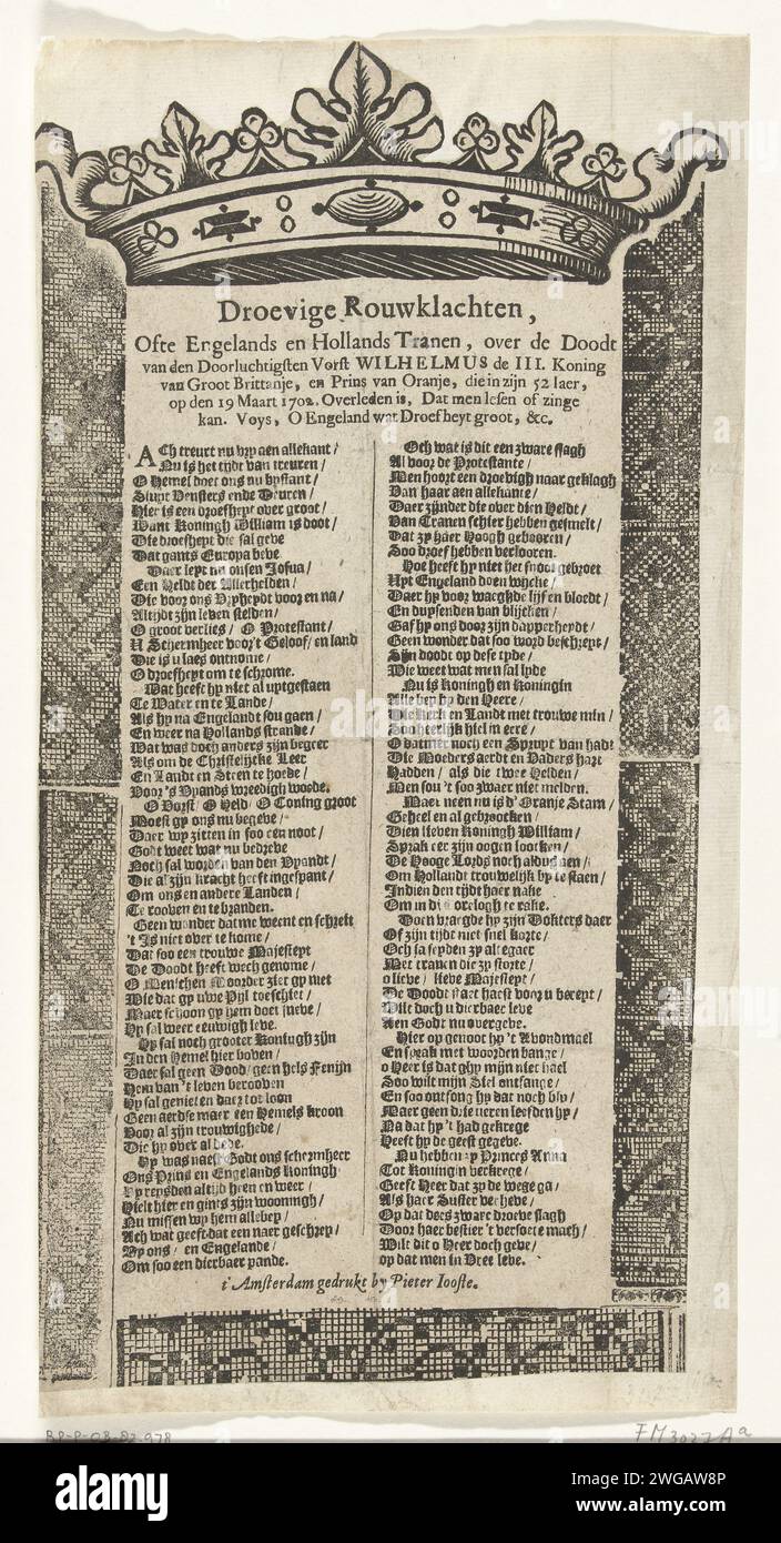 Mourning of the death of Willem III, 1702, 1702 print. poem Mourning or ...