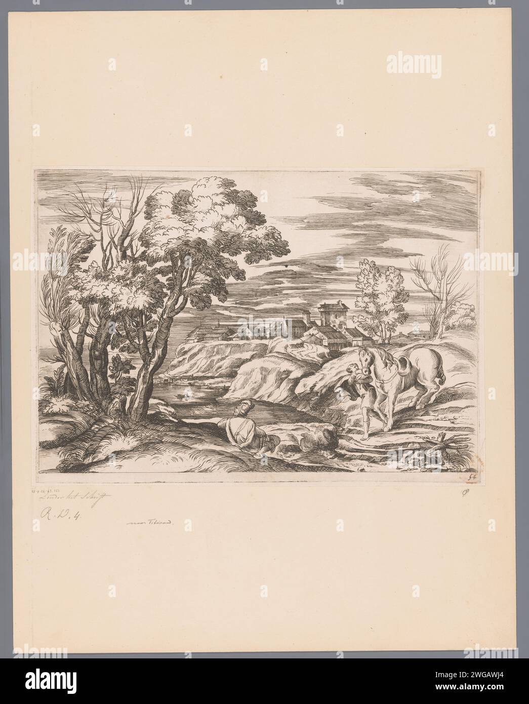 Landscape with a rider next to his horse and view of a village on the ...