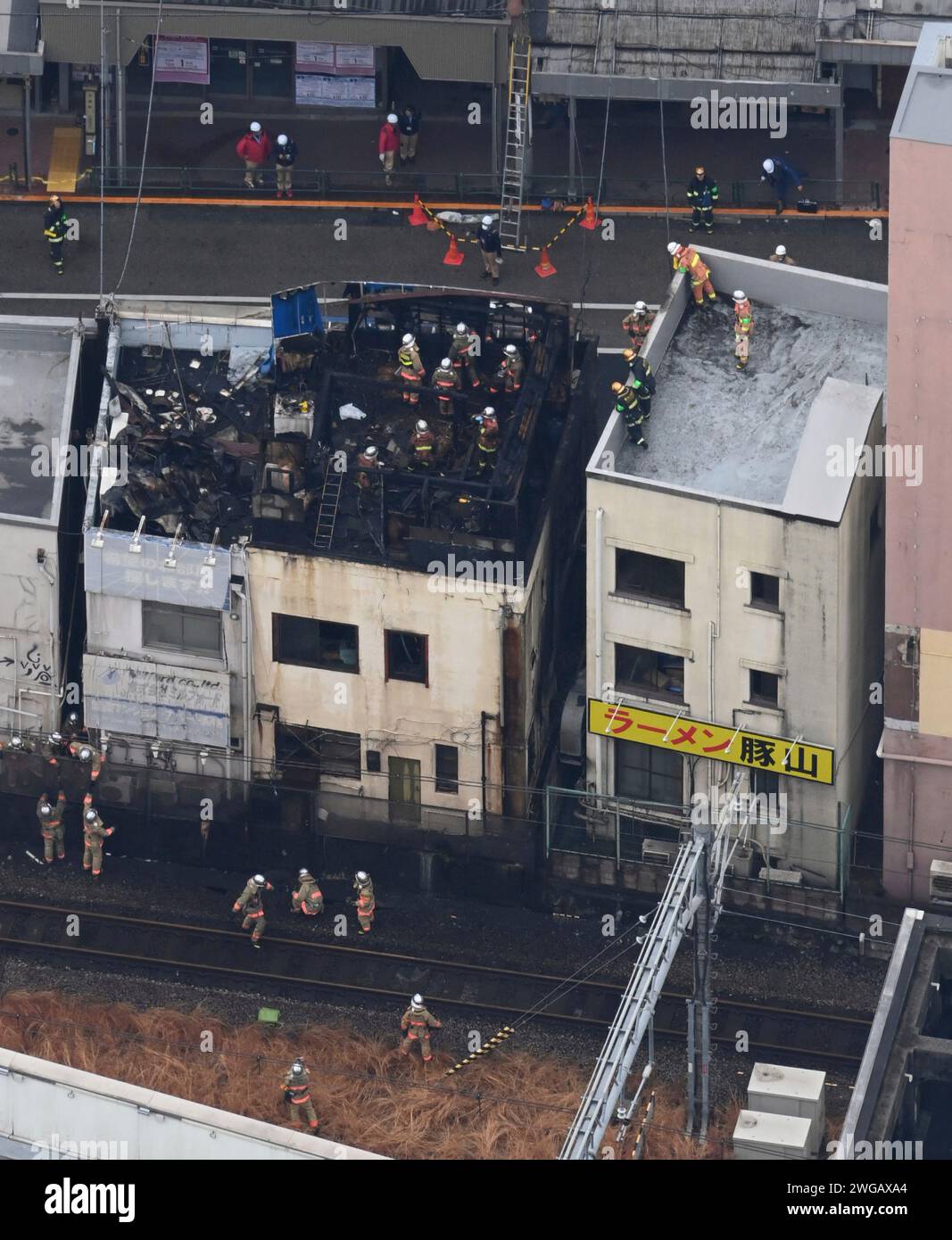 An aerial photo shows fire site near Omori Station in Tokyo on Feb. 4 ...