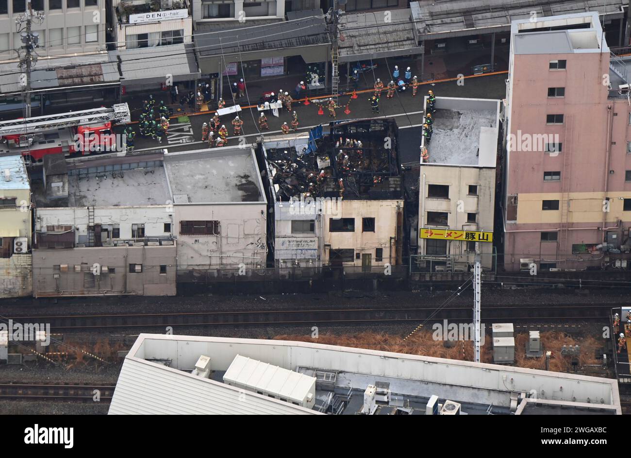 An aerial photo shows fire site near Omori Station in Tokyo on Feb. 4 ...