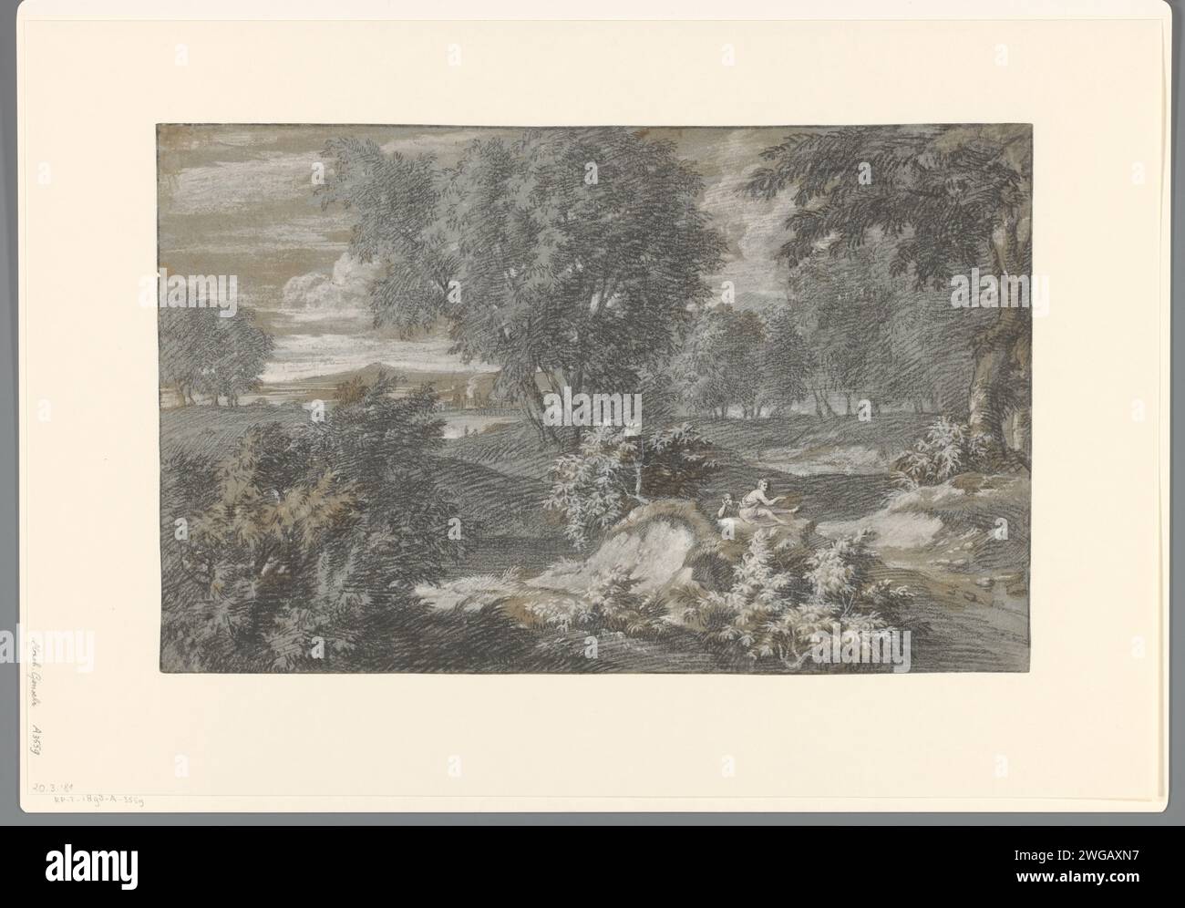 Landscape with two figures, Abraham Genoels, 1650 - 1723 drawing paper ...