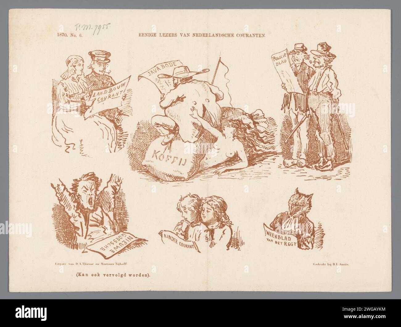 Cartoon on the different types of current readers, 1870, 1870 print ...