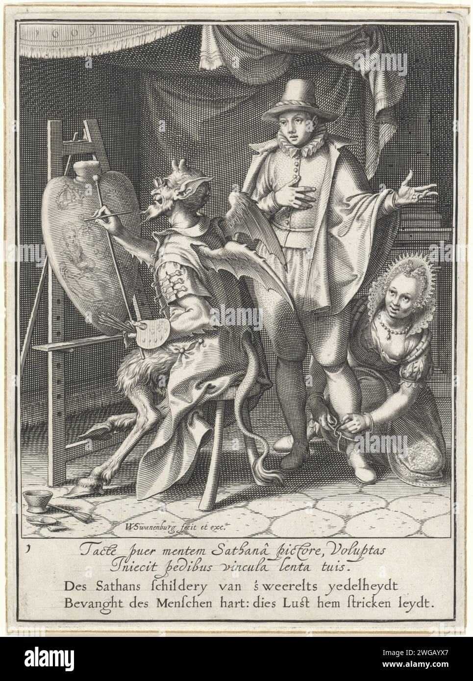 Devil painting next to a greedy man, Willem Isaacsz. van Swanenburg, after Maarten van ...