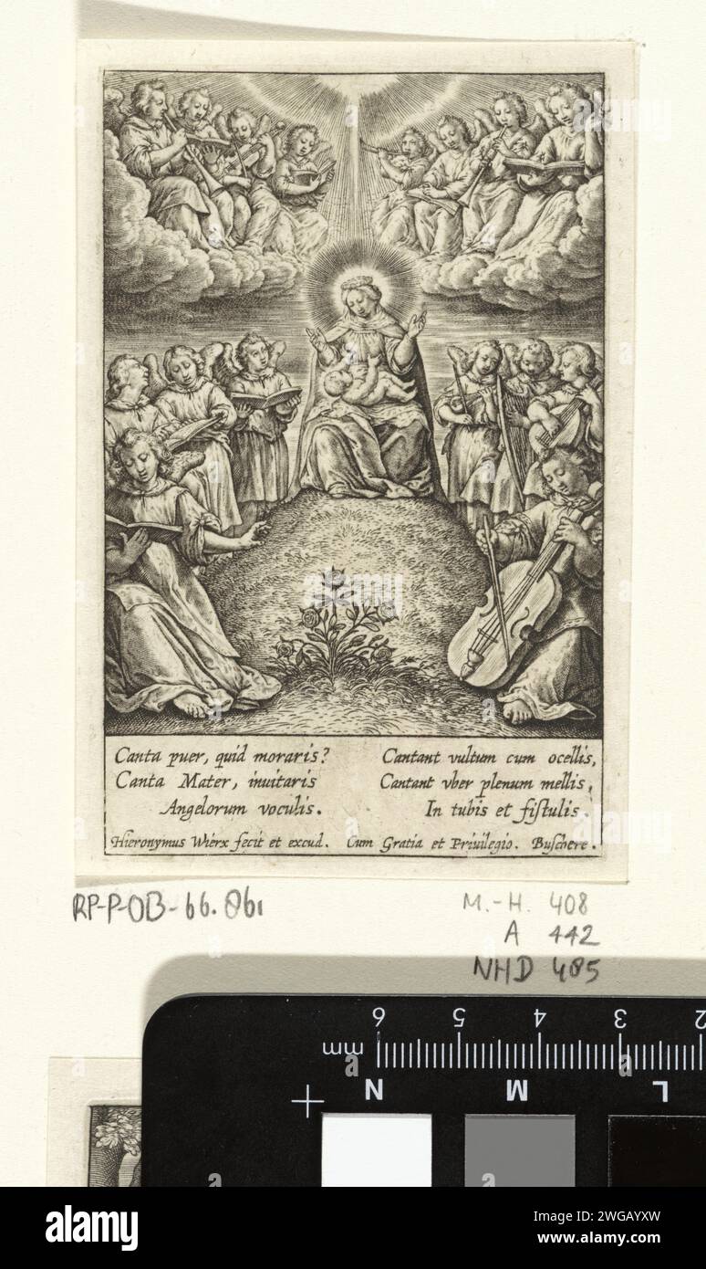 Angel choirs around the Christ child, Hieronymus Wierix, 1563 - Before 1619 print Maria sits on ...
