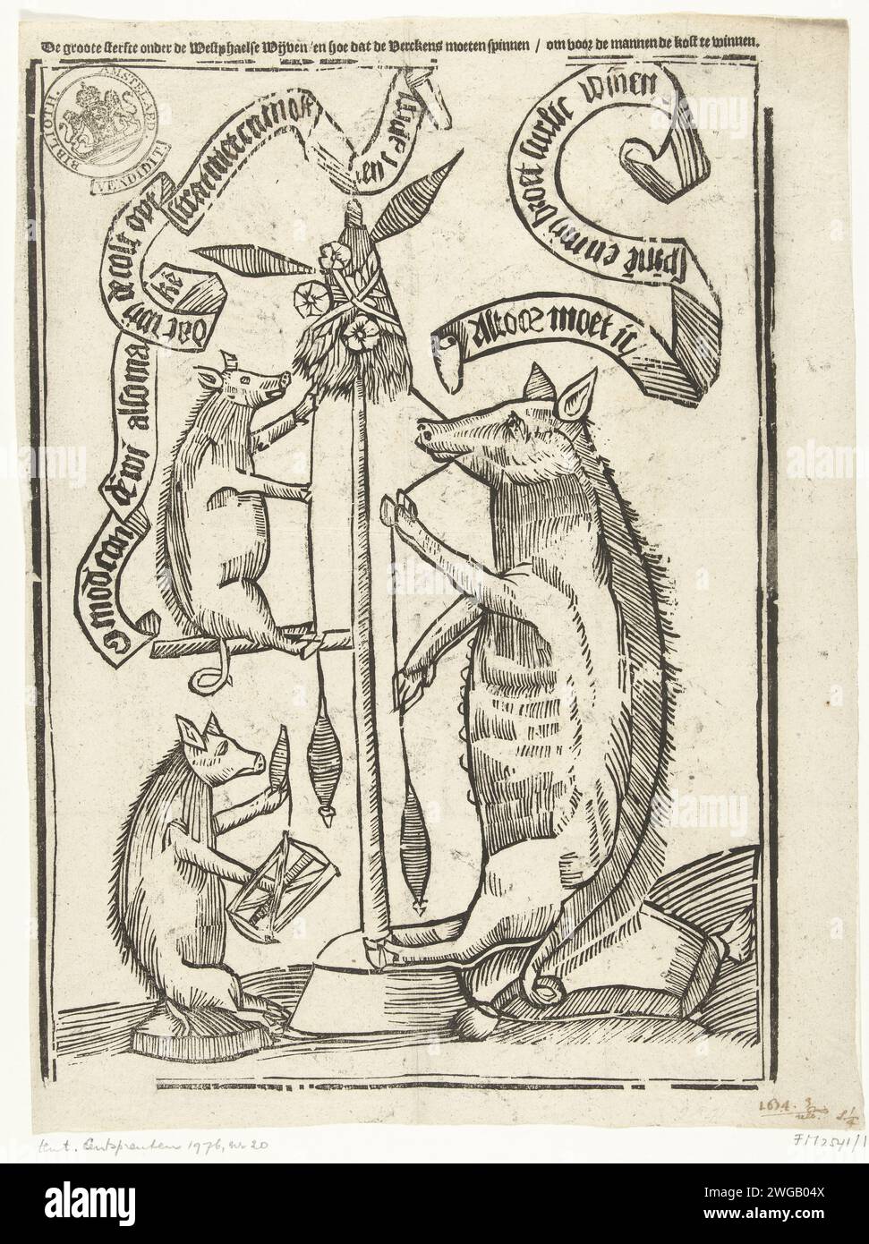 Pigs spinning, 1673, 1674 print Animal allegory in which pigs have to ...