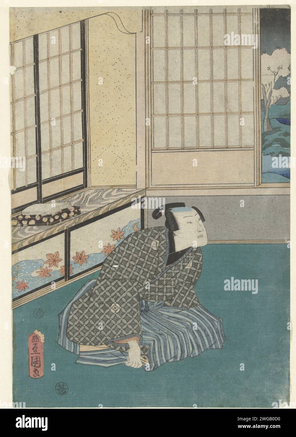 The third month, 1861 print Kneeling servant in room overlooking pond ...