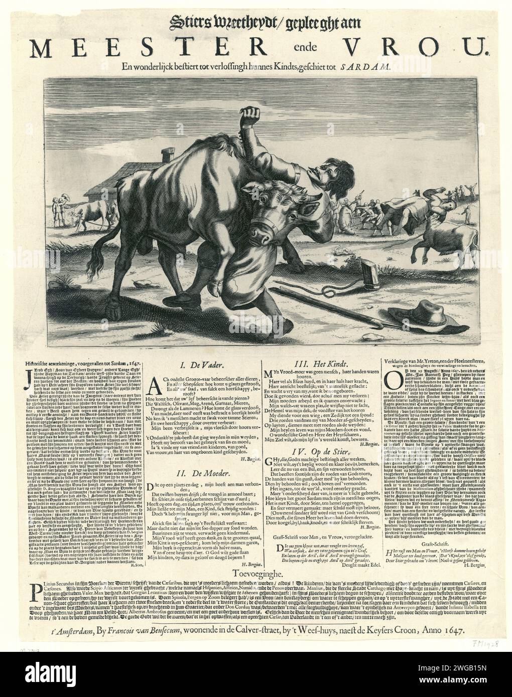The cruelty of the bull, 1647, Anonymous, 1647 print Illustration of ...
