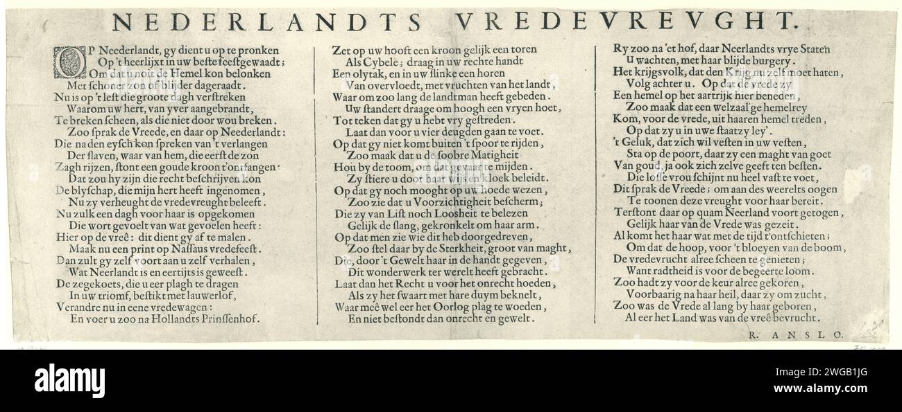 Text sheet at the allegory on the Peace of Munster, 1648, Reyer Anslo ...