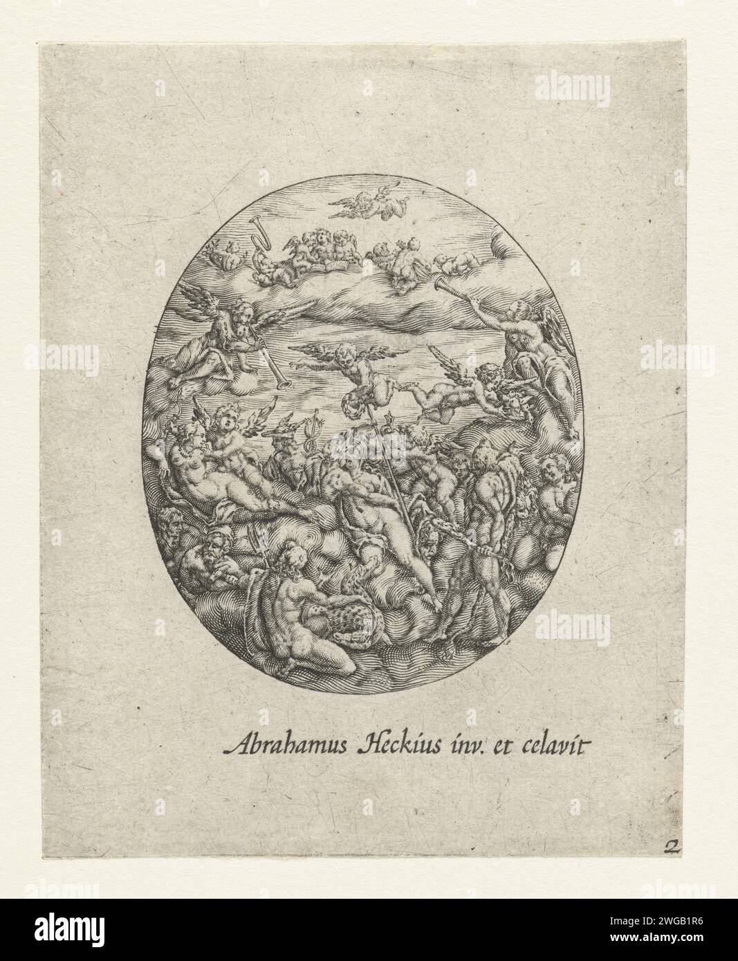 Oval with the Olympic gods in the clouds, 1608 print From left to right ...