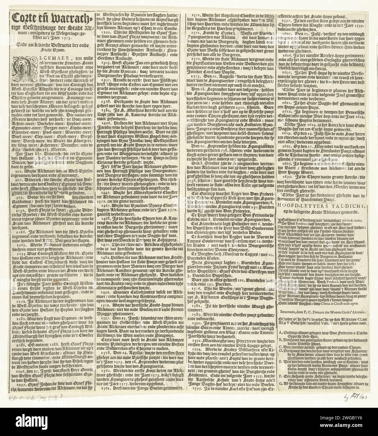 Text sheet belonging to the map with the siege of Alkmaar, 1573, 1630 ...