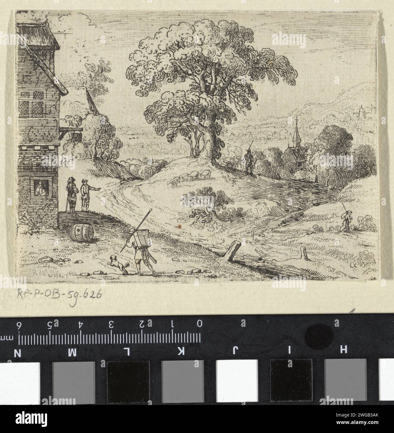 Landscape, with two men on the left at a house, Jacobus van Solt, 1642 ...