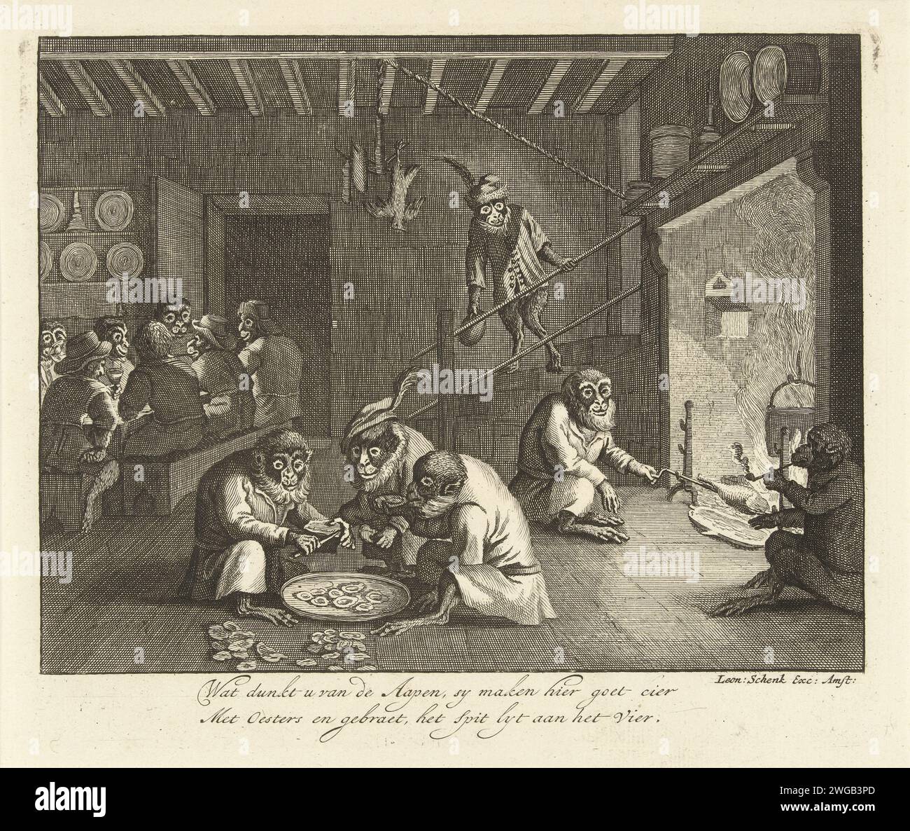 Monkeys Eat Oysters in an inn, Leonard Schenk (Possibly), 1720 print ...