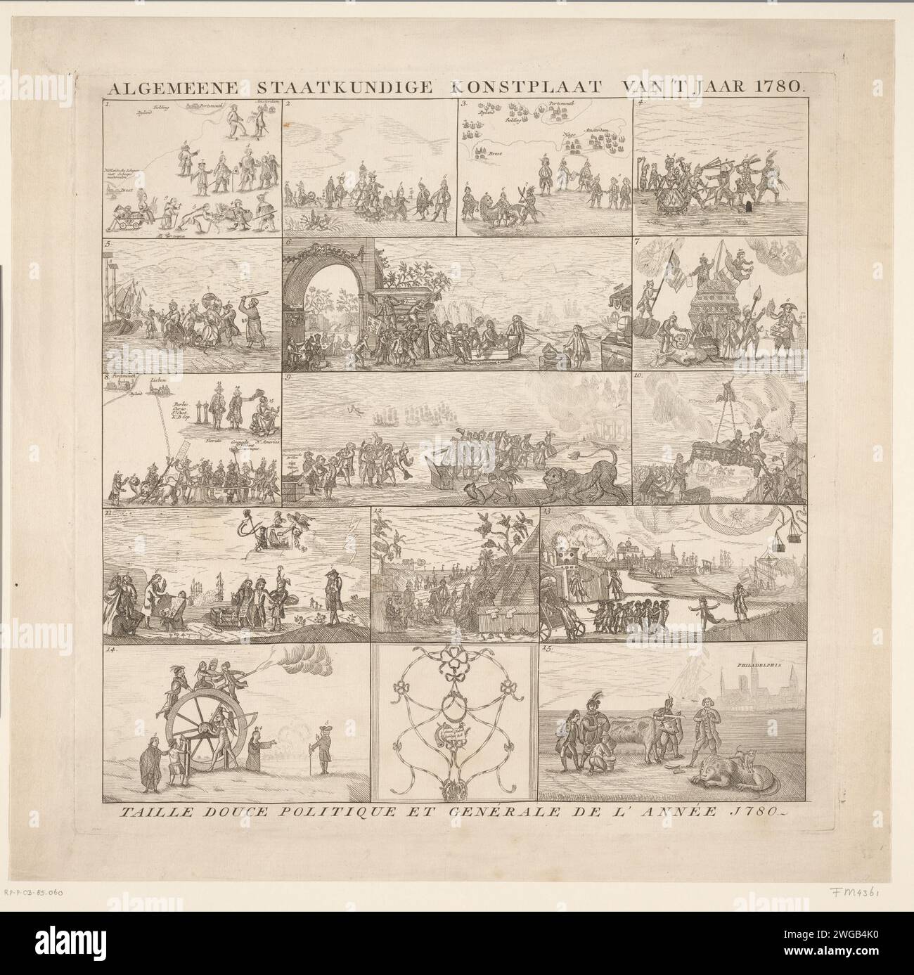 Overview sheet with reduced copies of 15 cartoons, 1780, Anonymous ...