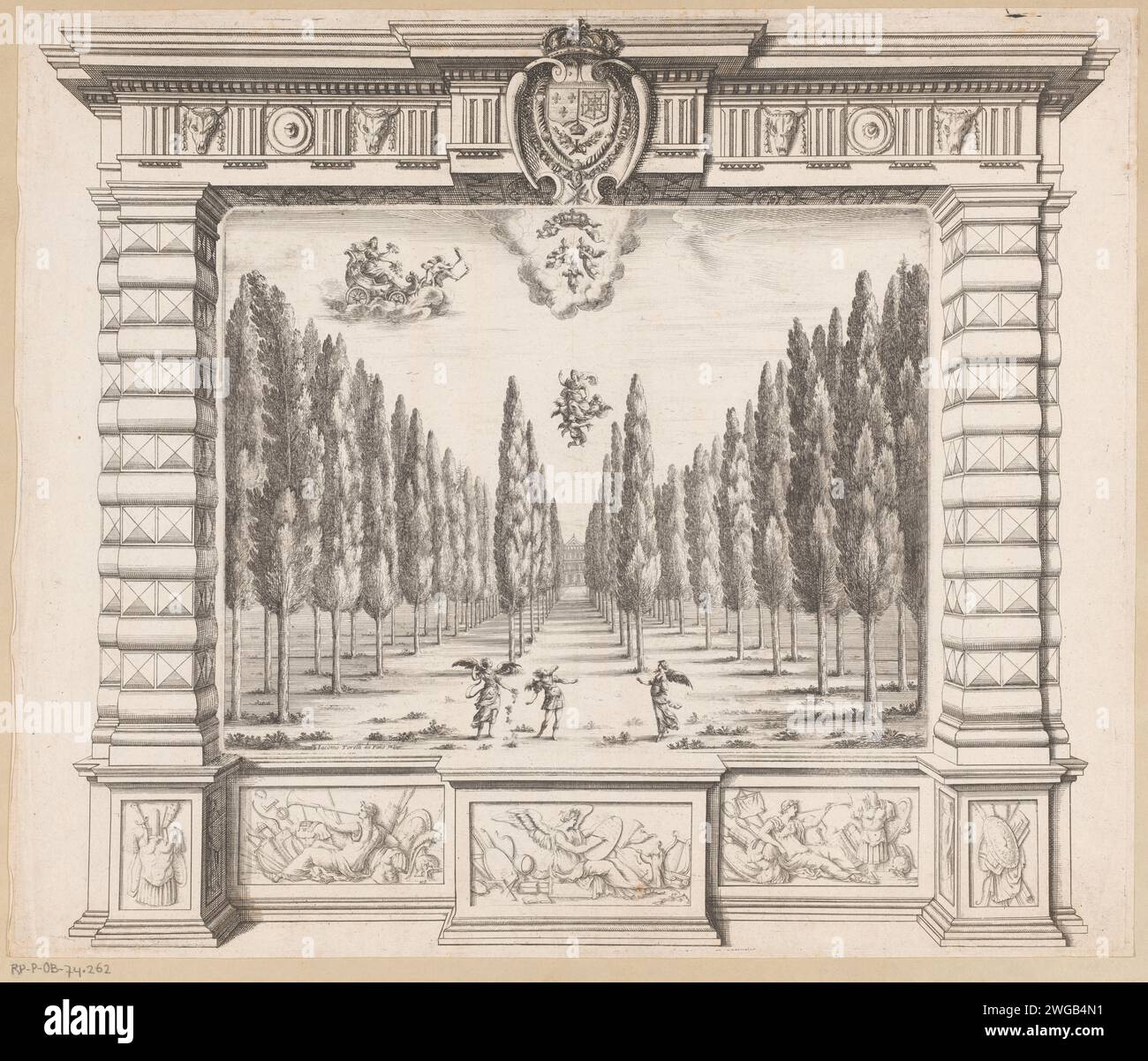 View of trees rows and allegorical figures in monumental frame, Israel ...