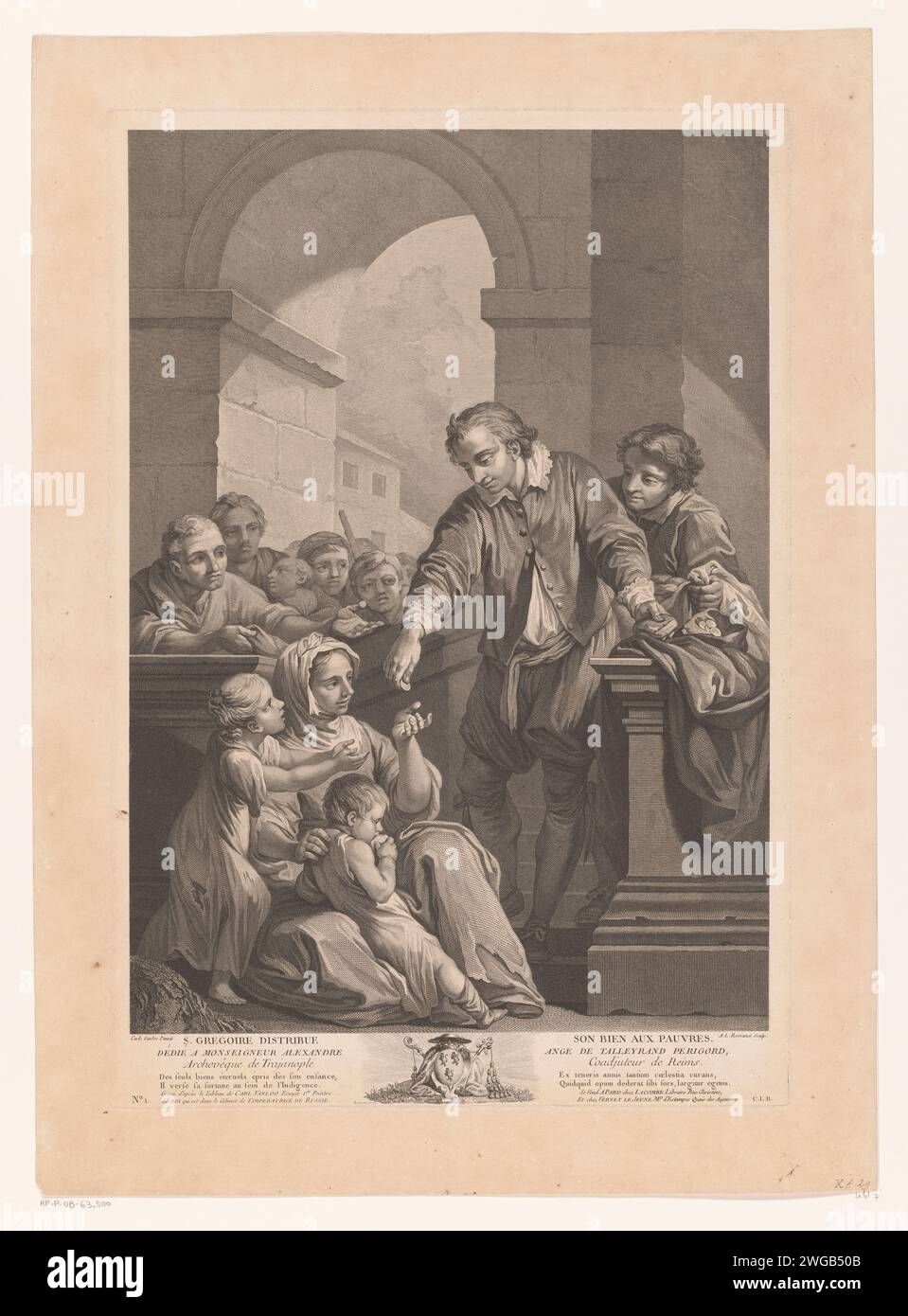 Holy Gregorius hand out his money to the poor, Antoine Louis Romanet ...