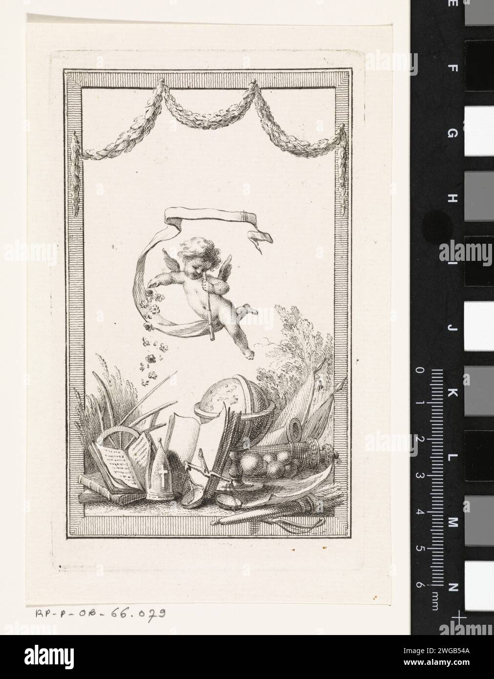 Putto scatters flowers over Allegorical attributes, Reinier Vinkeles (I ...