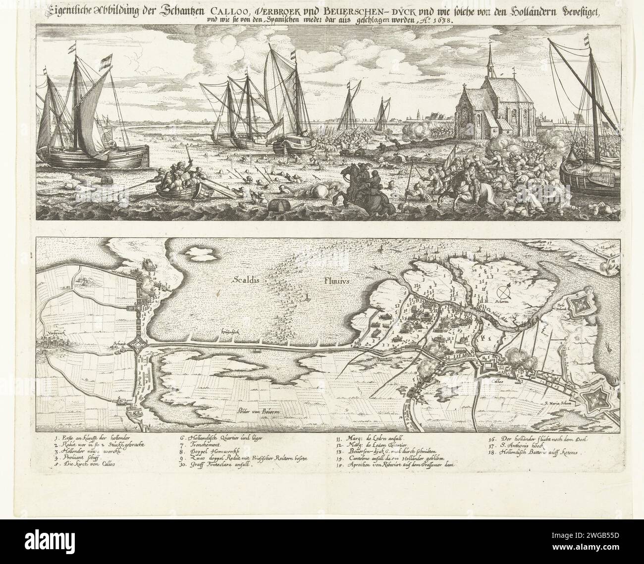 Failed attack on Fort Kallo, 1638, 1638 print Leaf with two ...
