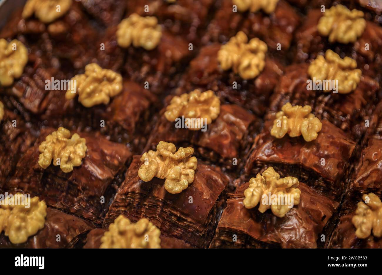 Traditional Turkish dessert, fresh crispy layered whole walnut ...