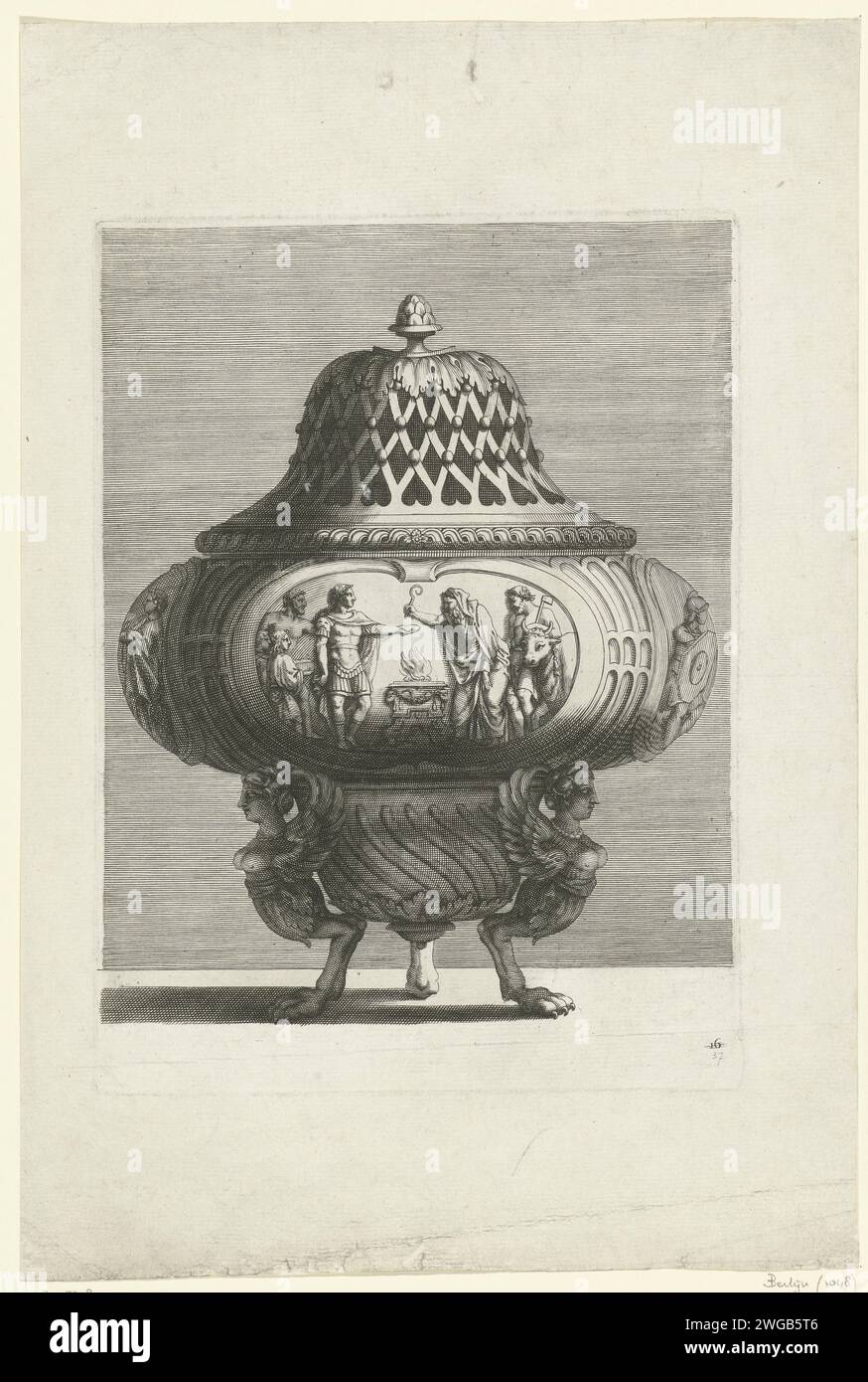 Round incense burner, 1667 print On the body is a cartouche with a ...