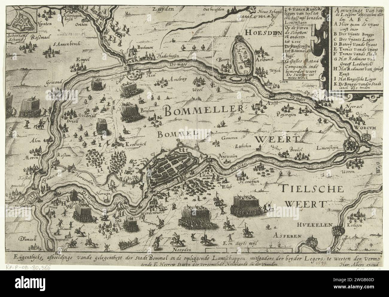 The battle in the Bommelerwaard, 1599, 1599 print Map with the fighting ...