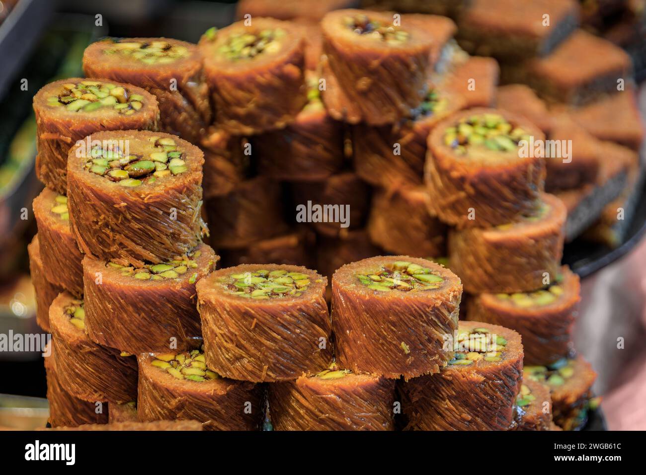 Traditional Turkish dessert, crispy borma baklava with pistachios ...