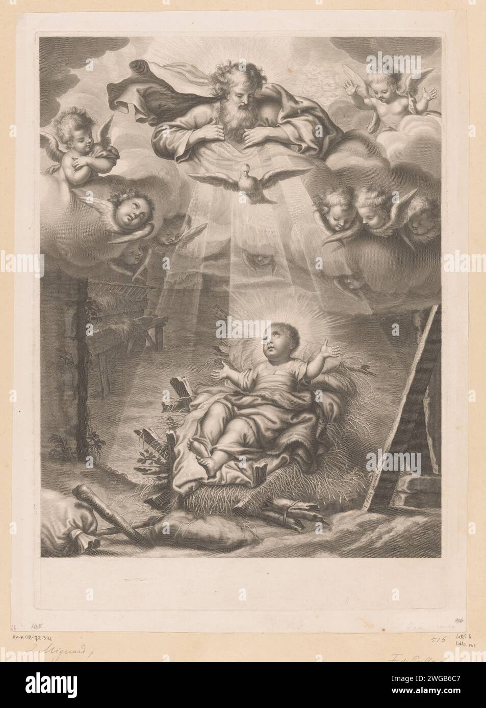 Christ in the manger with above Him God the Father and the Holy Spirit ...
