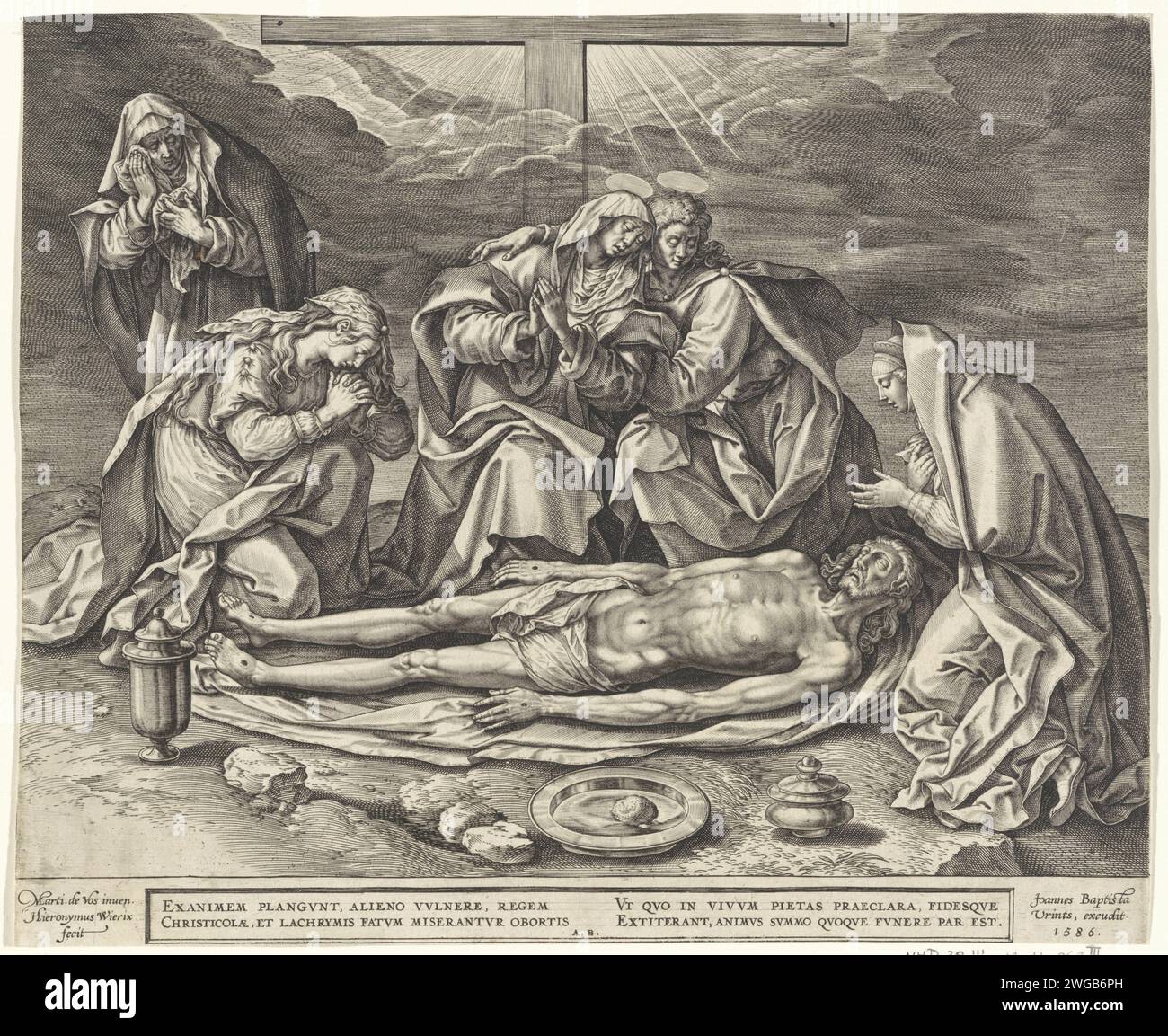 Leef of Christ, Hieronymus Wierix, After Maerten de Vos, 1586 print The body of Christ lies on a ...