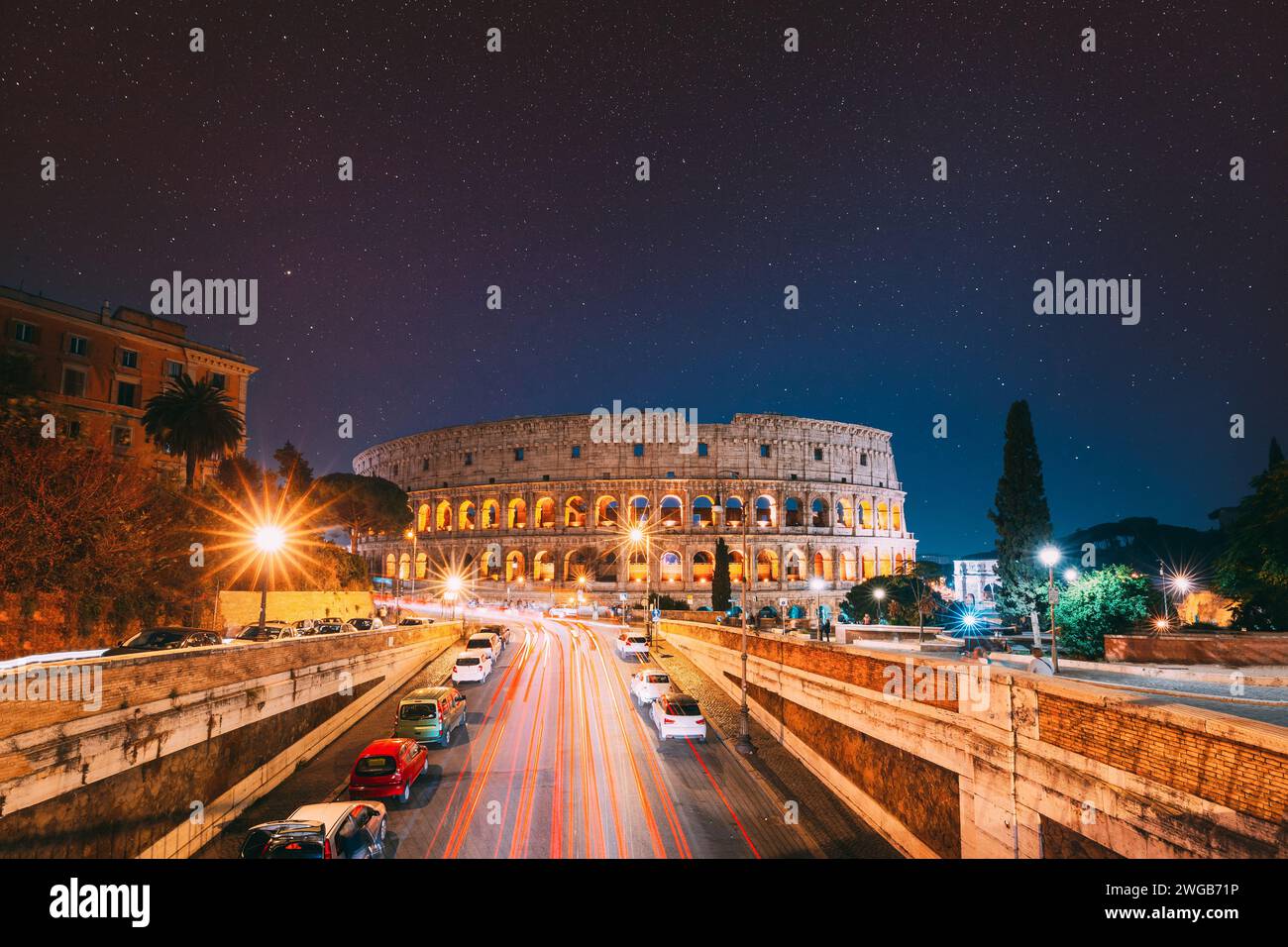 Rome, Italy. Bold Bright Dark Blue Night Starry Sky With Glowing Stars ...