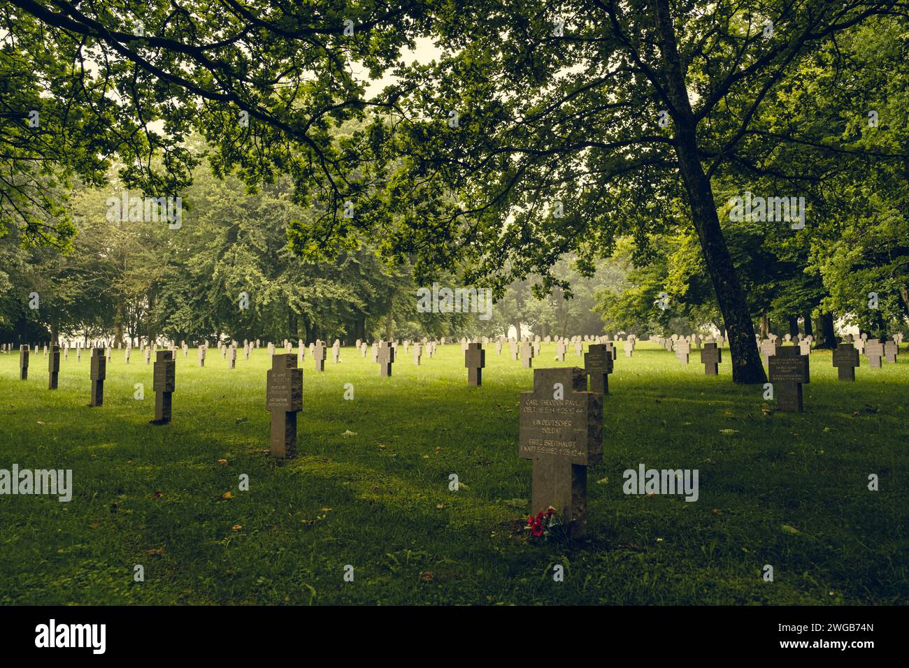 German war graves resting peacefully under green trees at the Recogne ...