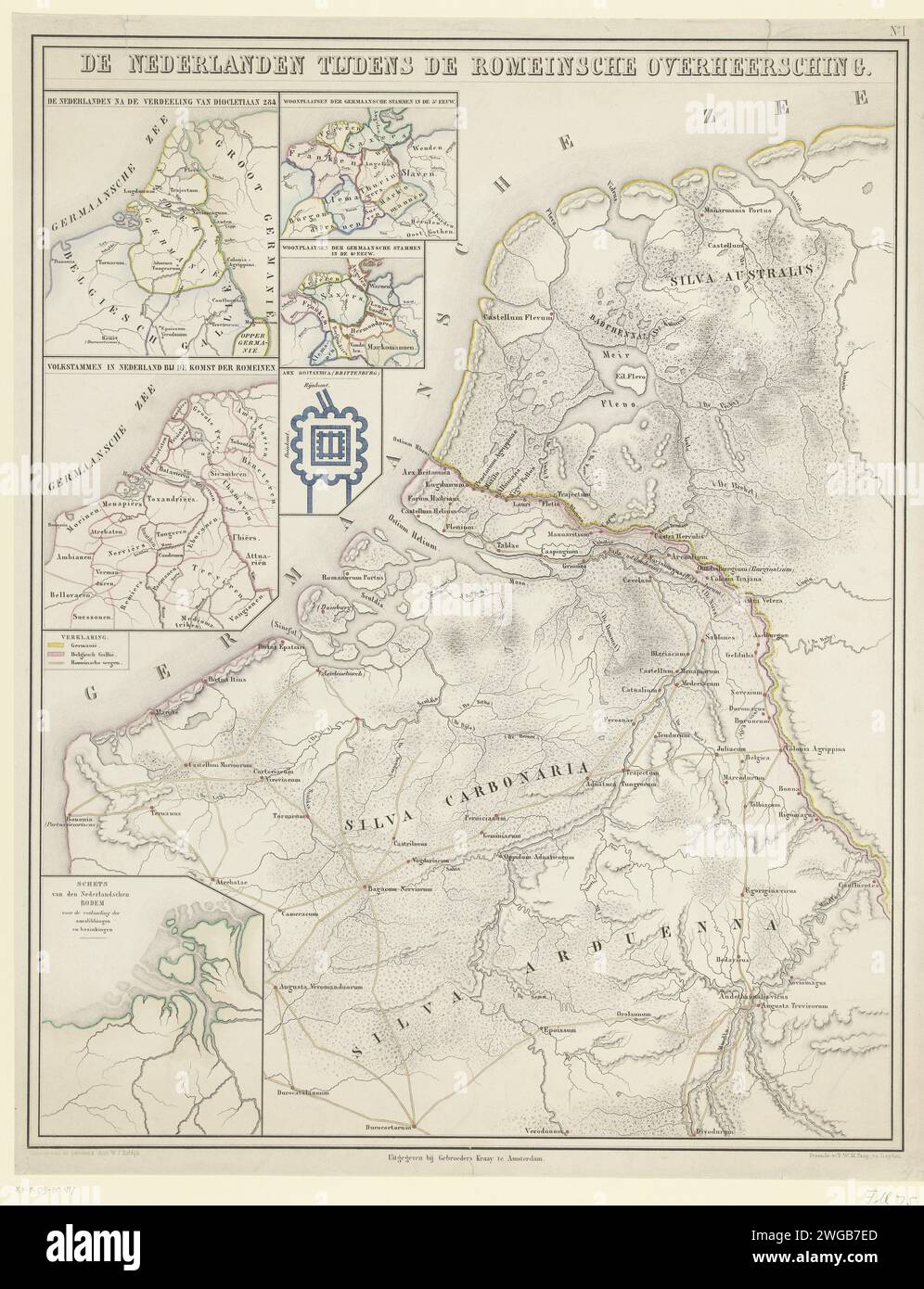 Map of the Netherlands in Roman times, 1855 - 1857 print Map of the ...