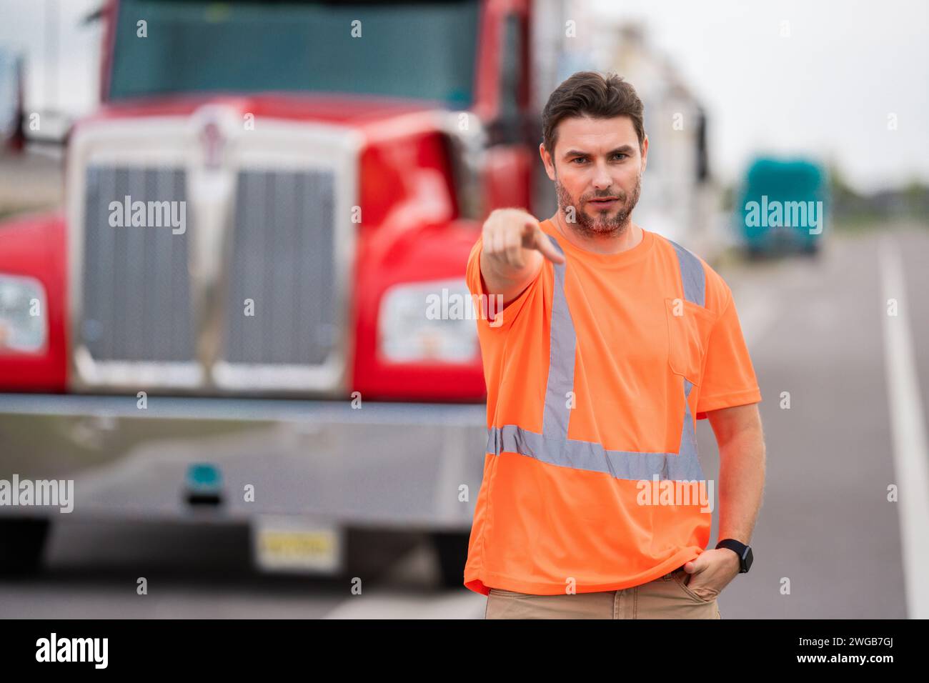 Men driver near lorry truck. Man owner truck driver in safety vest near ...