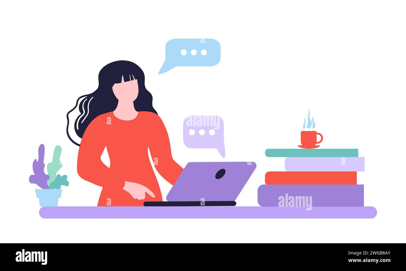 Homeschooling and Workplace. The girl is texting from a laptop. Online ...