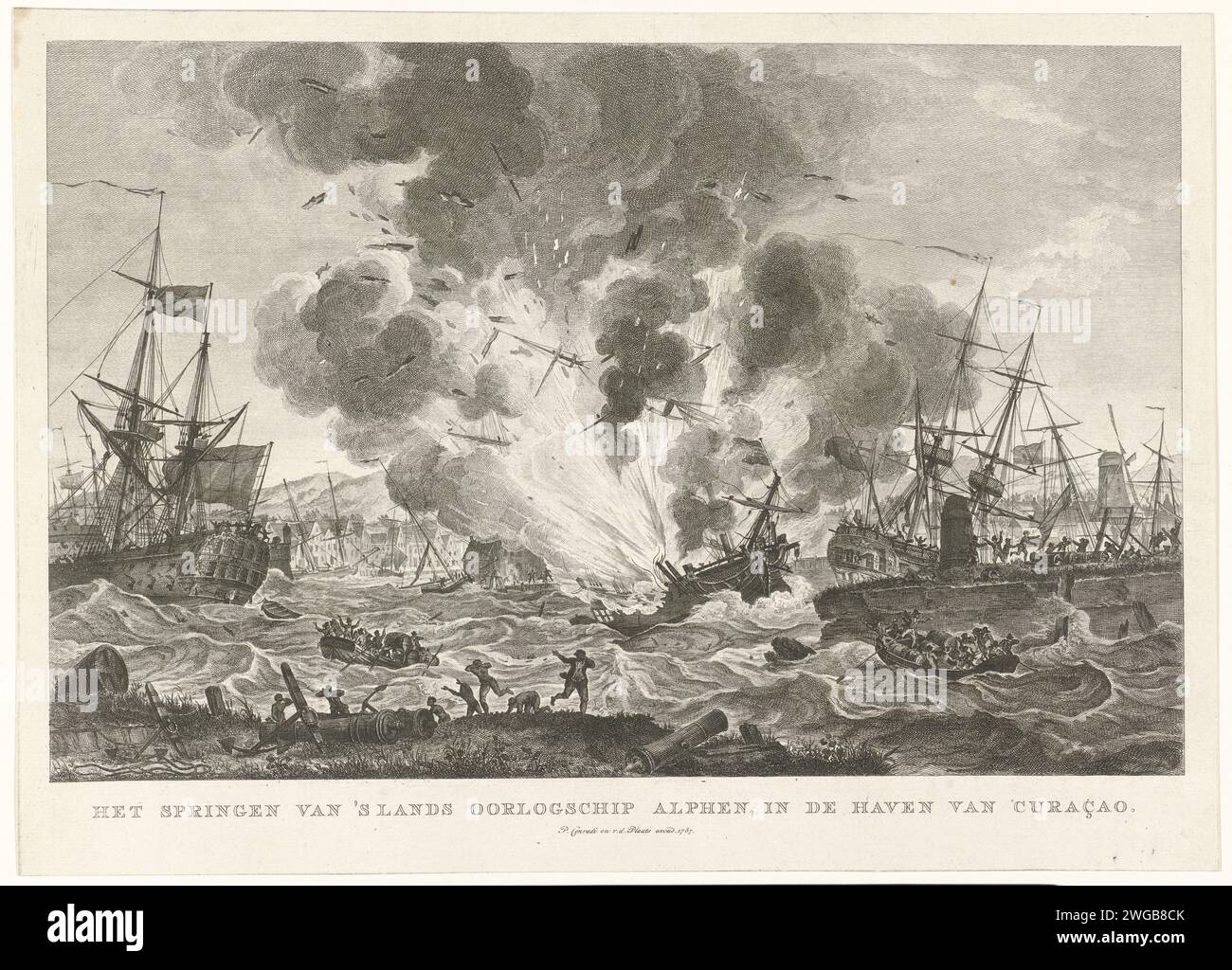 Exploding the warship Alphen in the port of Curaçao, 1778, Jan Punt ...