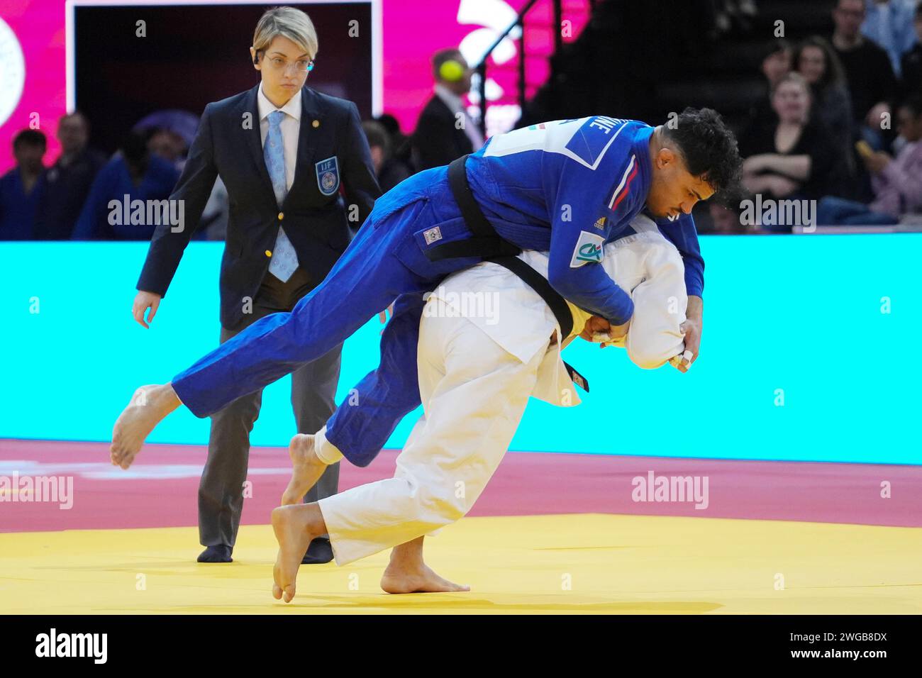 Guillaume Chaine of France and Gabriel Falcao of Brazil, Round 2 Men's -73 Kg during the Paris ...