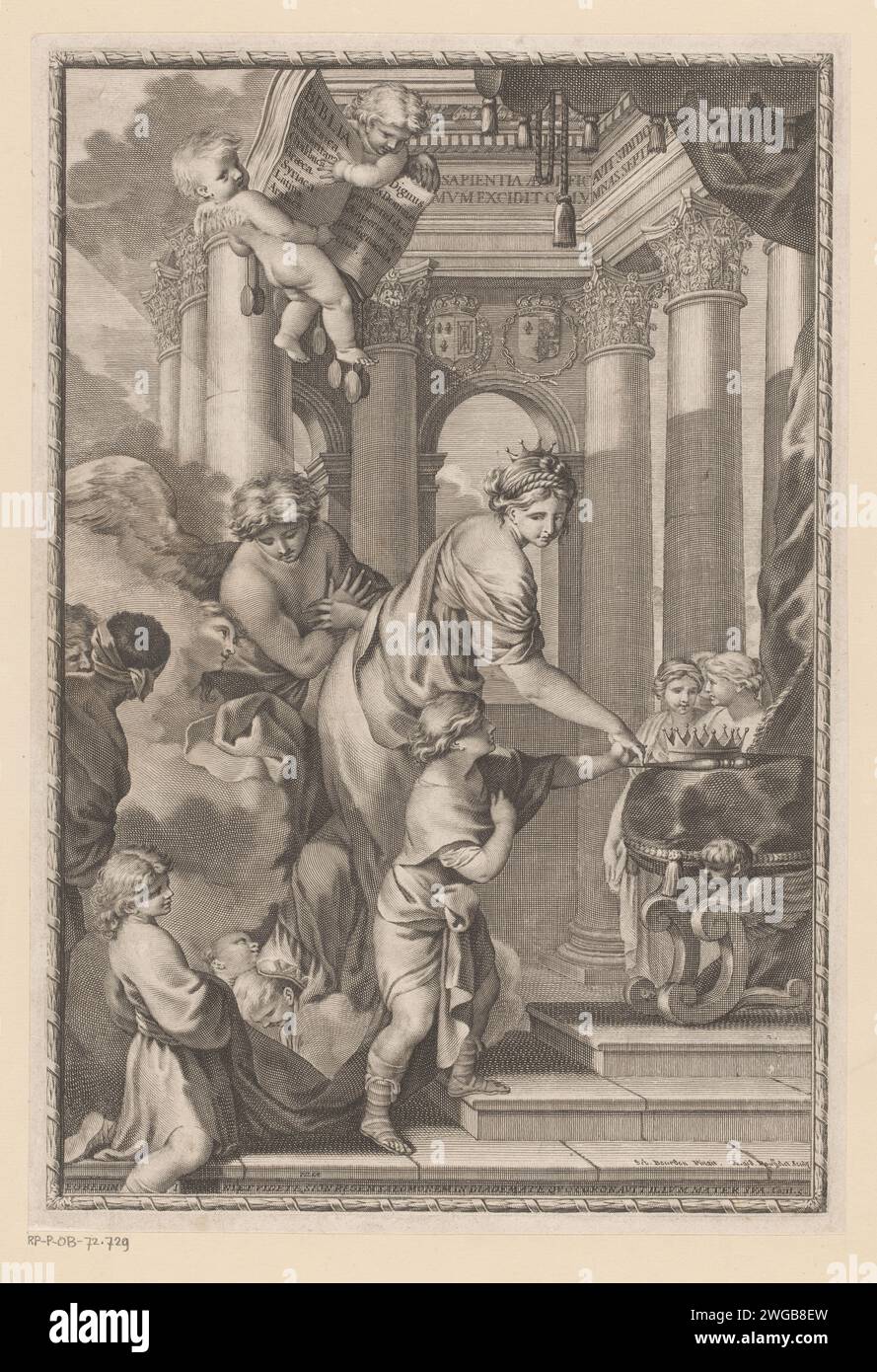 Batseba leads her son Solomon to a throne with a crown and staff ...