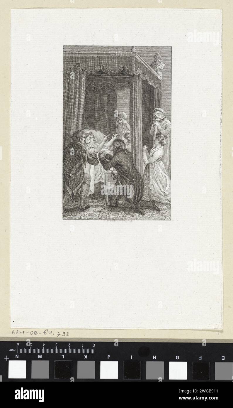 Praying and crying figures in the sickbed of Clarissa, Reinier Vinkeles ...