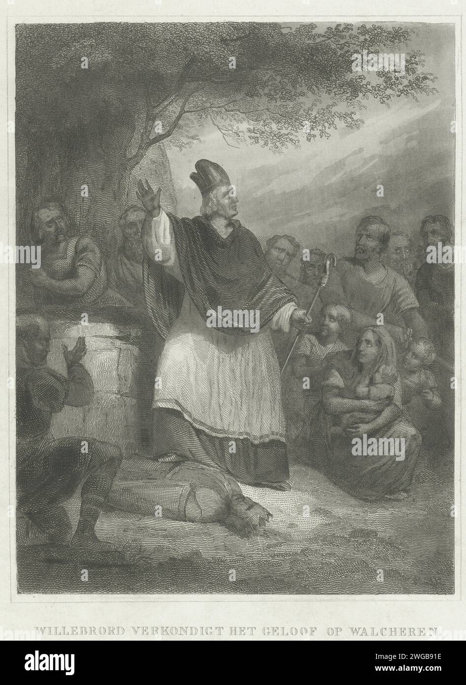 Willibrord proclaims the faith on Walcheren, 695, 1840 print Willibrord ...