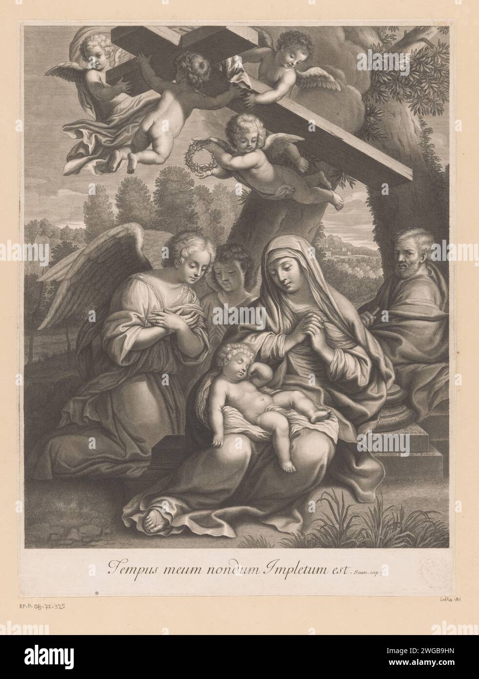 Holy Family with Sleeping Child worshiped by angels, Putti above them ...