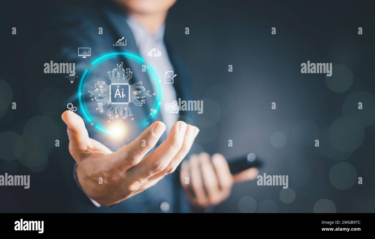 Ai tech, businessman show virtual graphic Global Internet connect robot ...