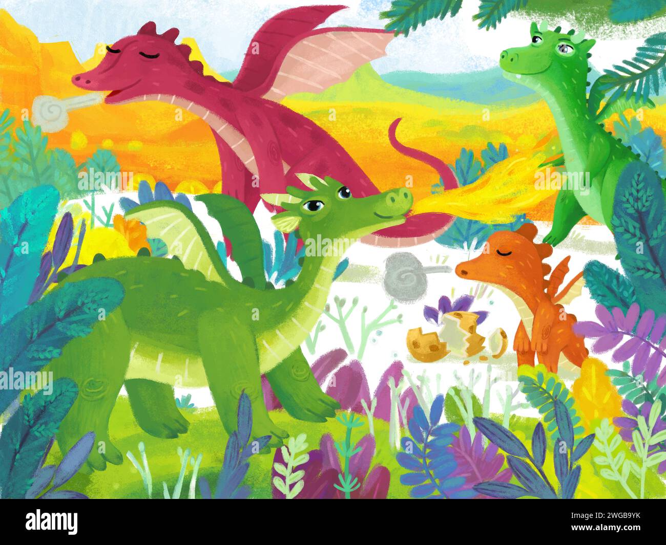 cartoon scene with different smiling dinos dinosaurs in the jungle ...