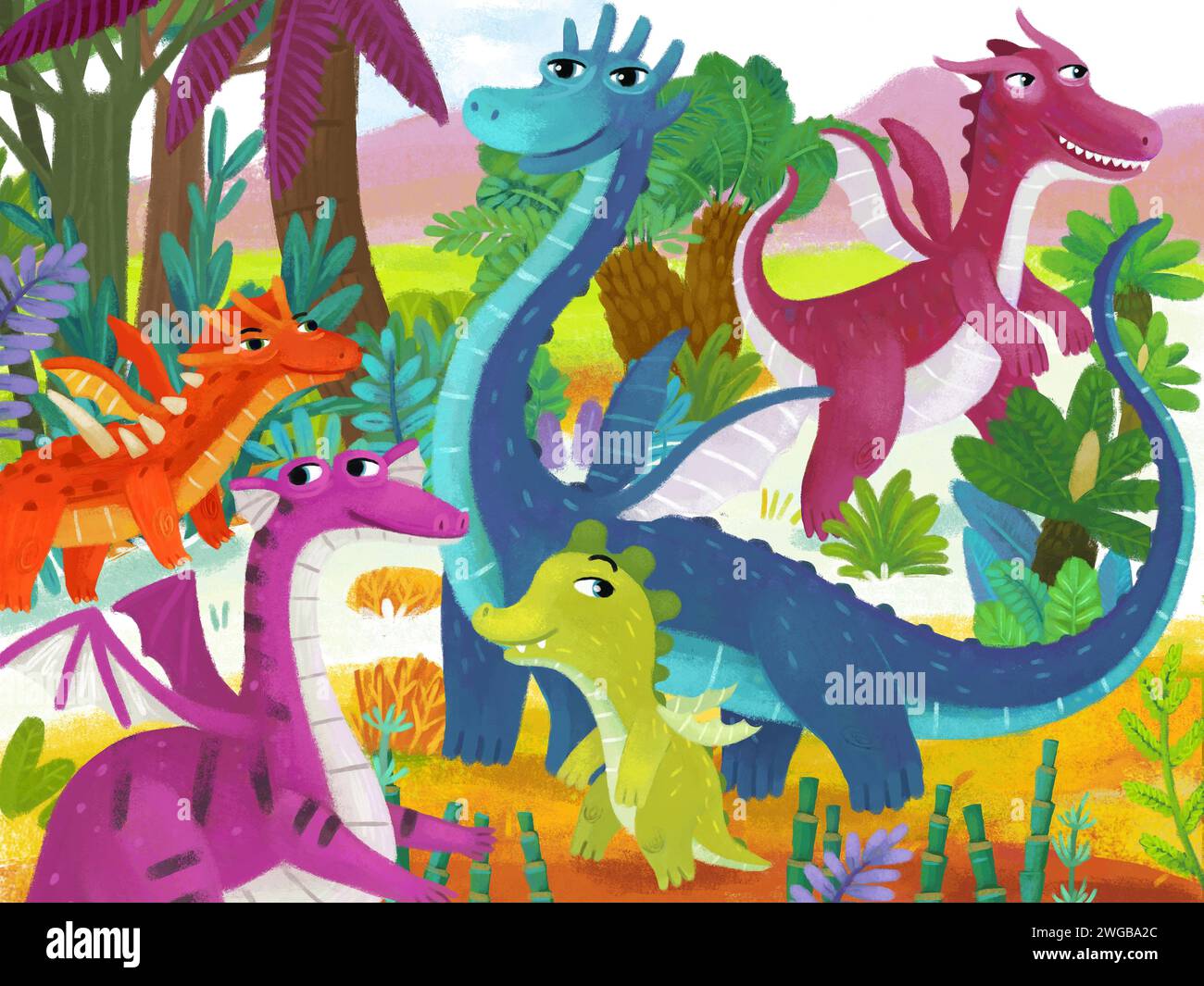 cartoon scene with different smiling dinos dinosaurs in the jungle ...