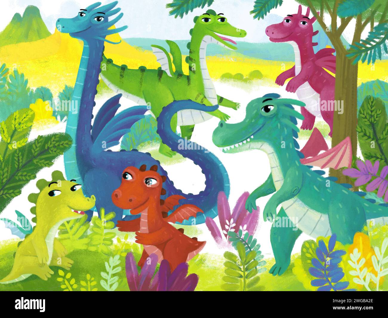 cartoon scene with different smiling dinos dinosaurs in the jungle ...