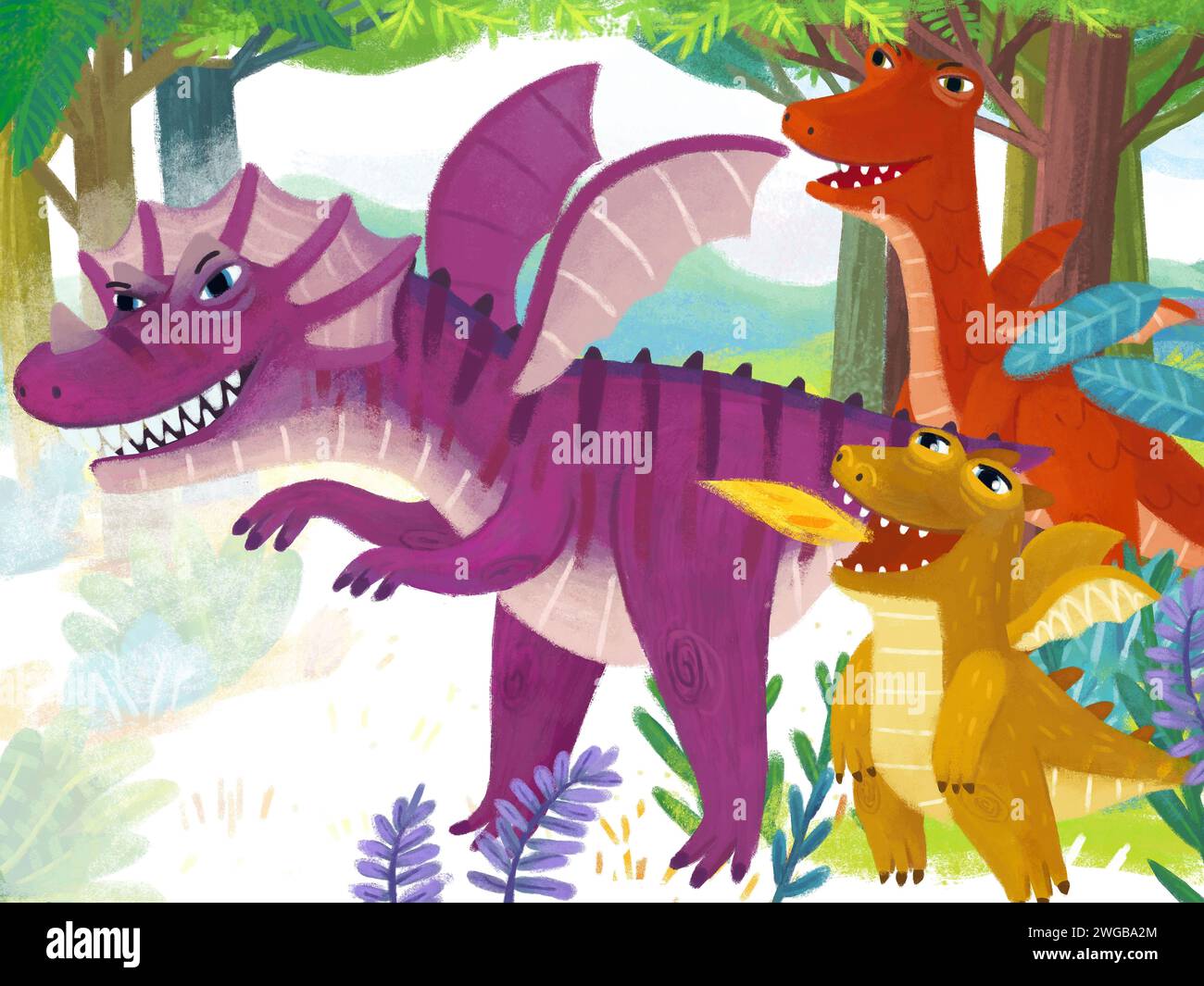 cartoon scene with different smiling dinos dinosaurs in the jungle ...
