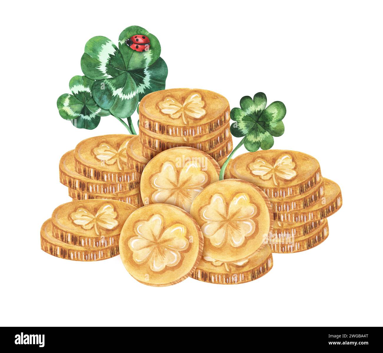 Watercolor set gold coin. Mountain of money symbols. Treasure, stacks ...