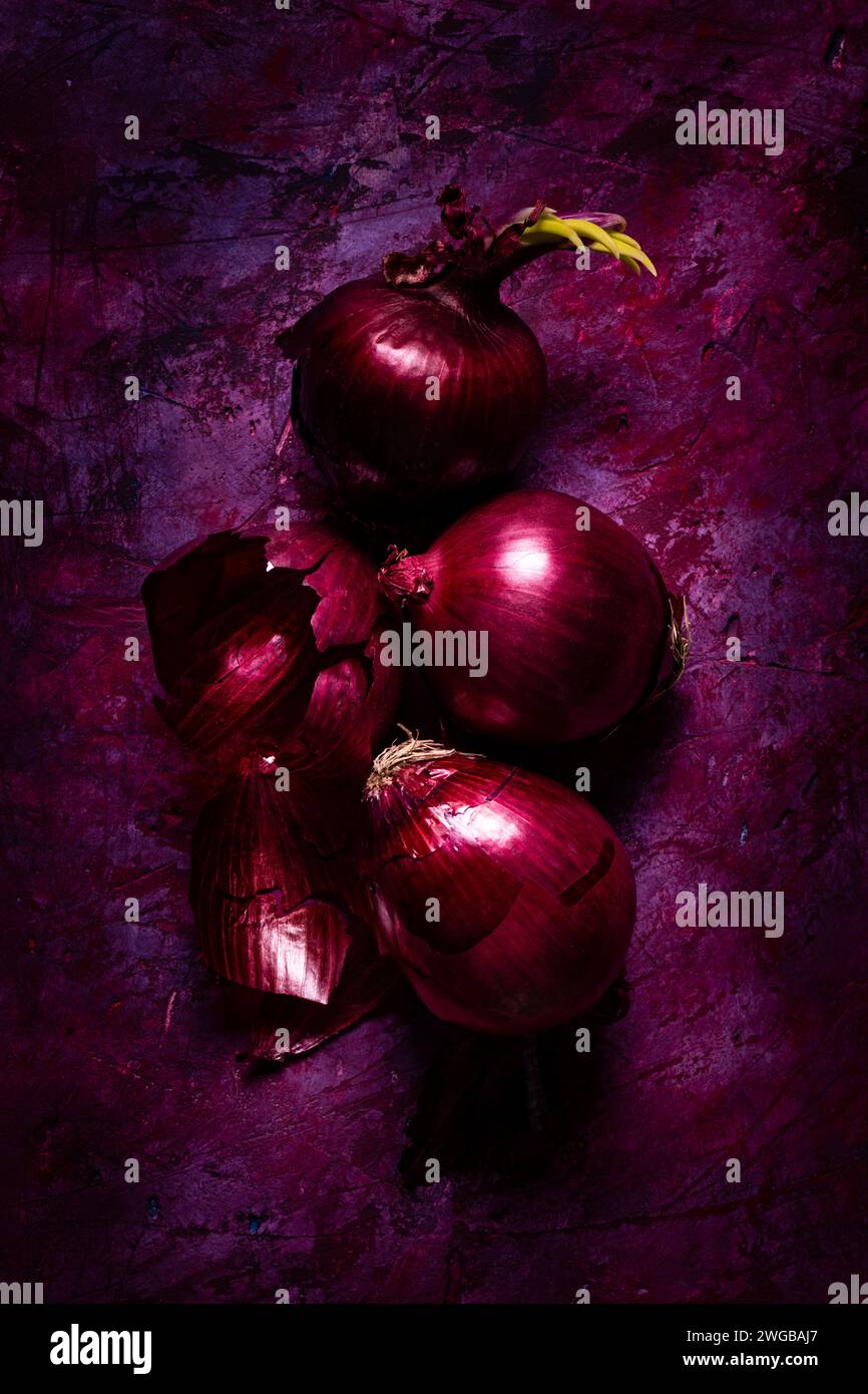 Fresh red onions on a rough background with shades of red and purple ...
