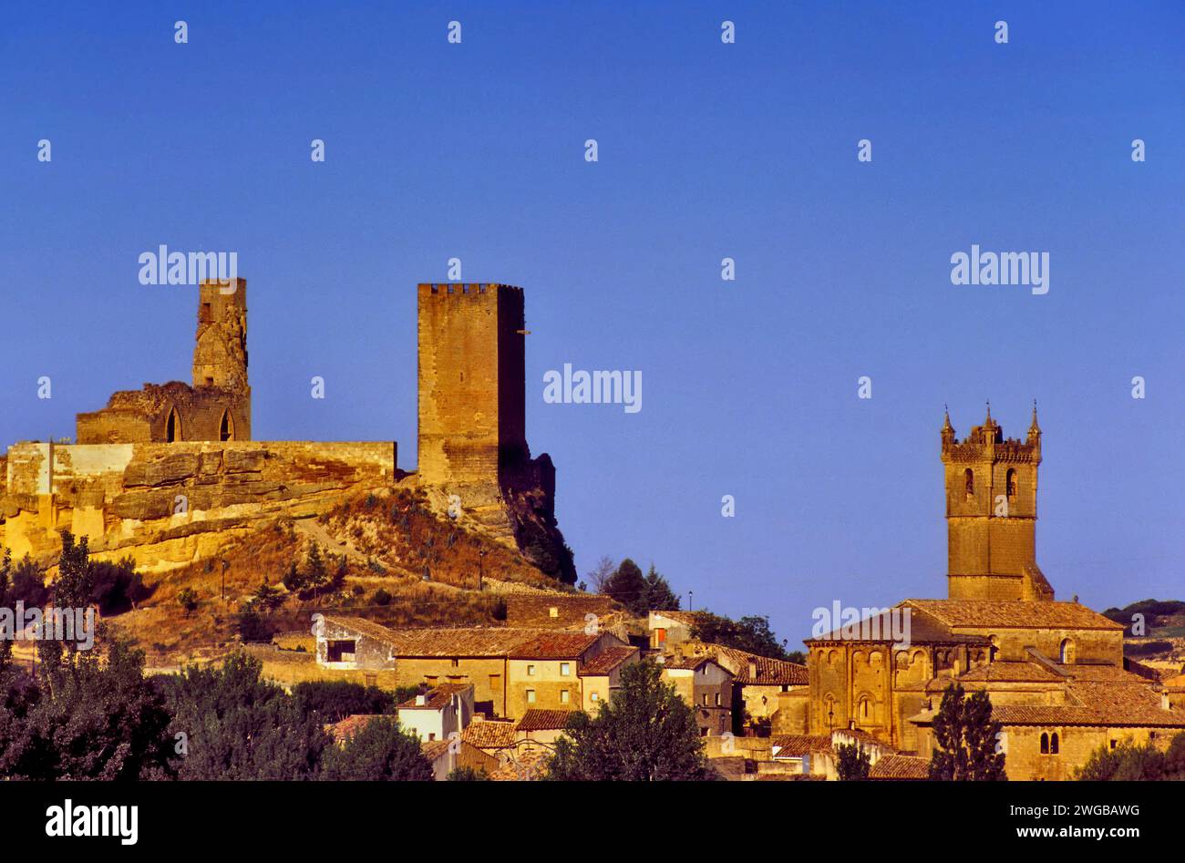 Castle San Martin Church towers and town of Uncastillo, Aragon, Spain ...