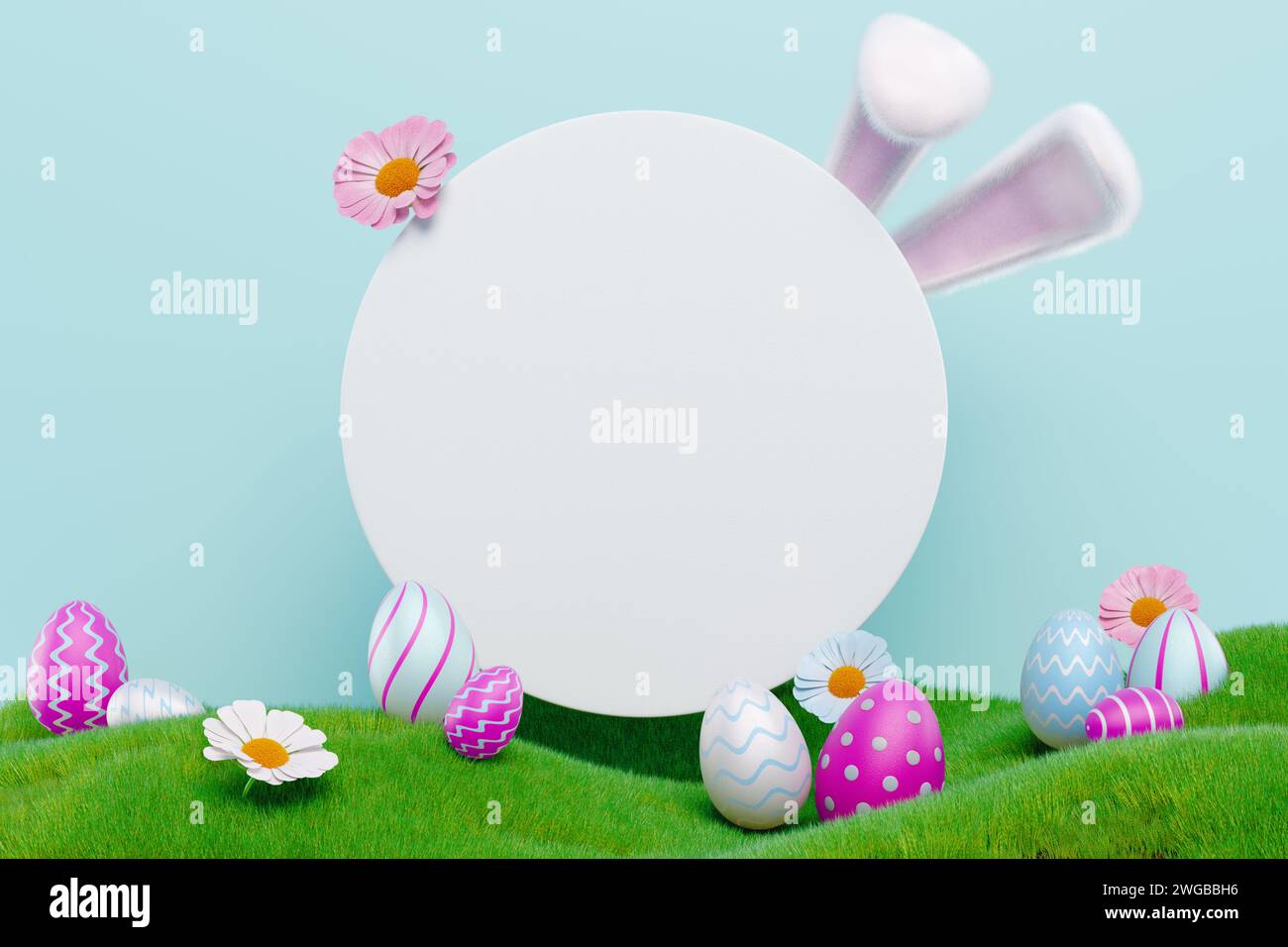 Happy easter. Large white circle for text bunny ears eggs grass. 3d ...