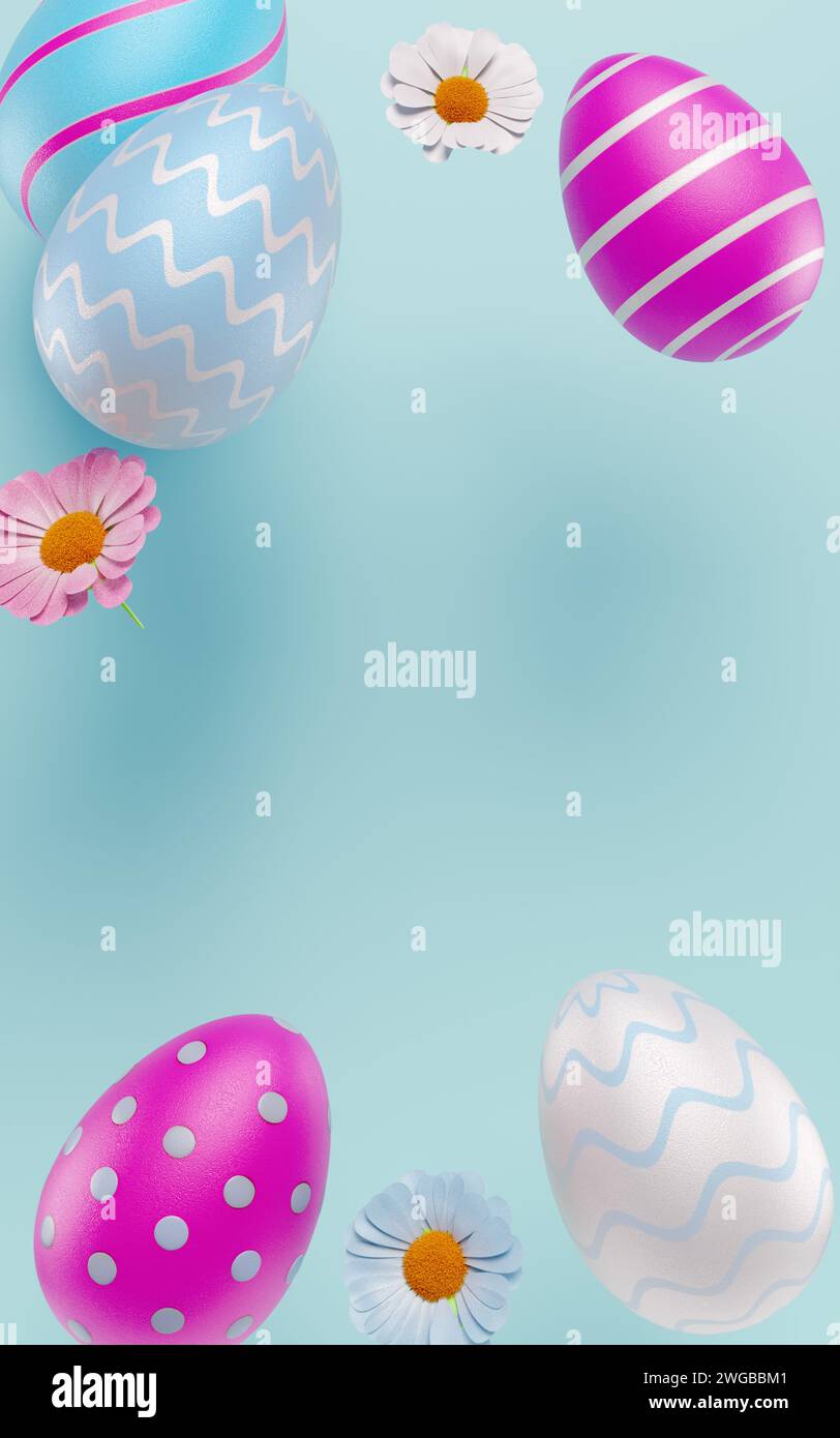 Easter card frame border made of eggs and flowers. 3D rendering Stock ...