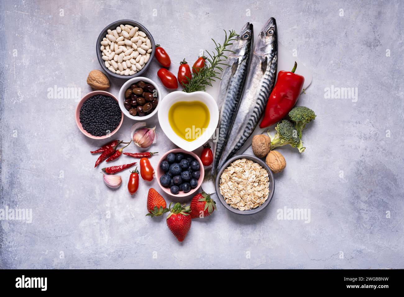 on the textured background, variety of Mediterranean healthy foods ...
