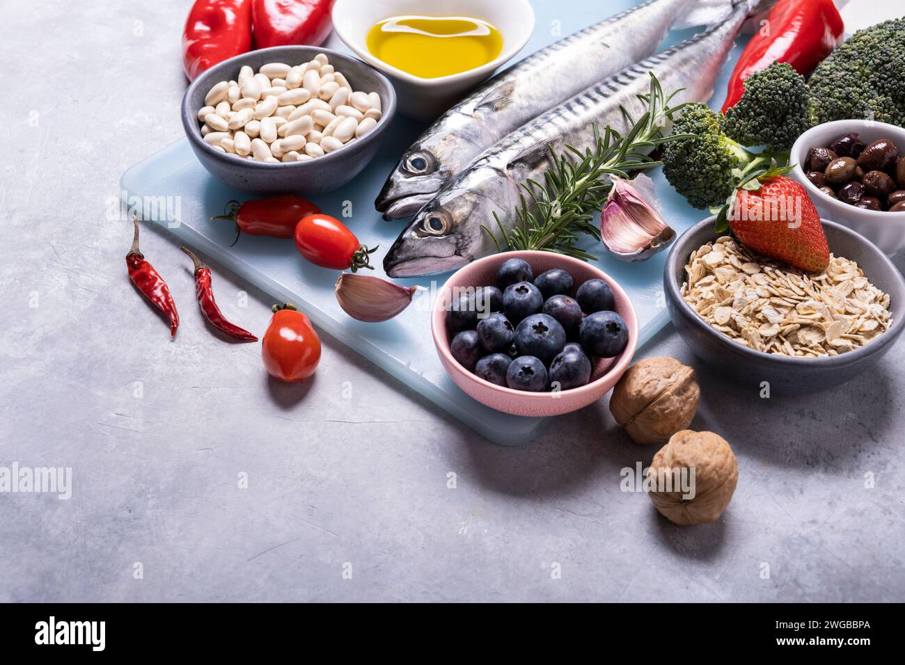on the textured background, variety of Mediterranean healthy foods ...